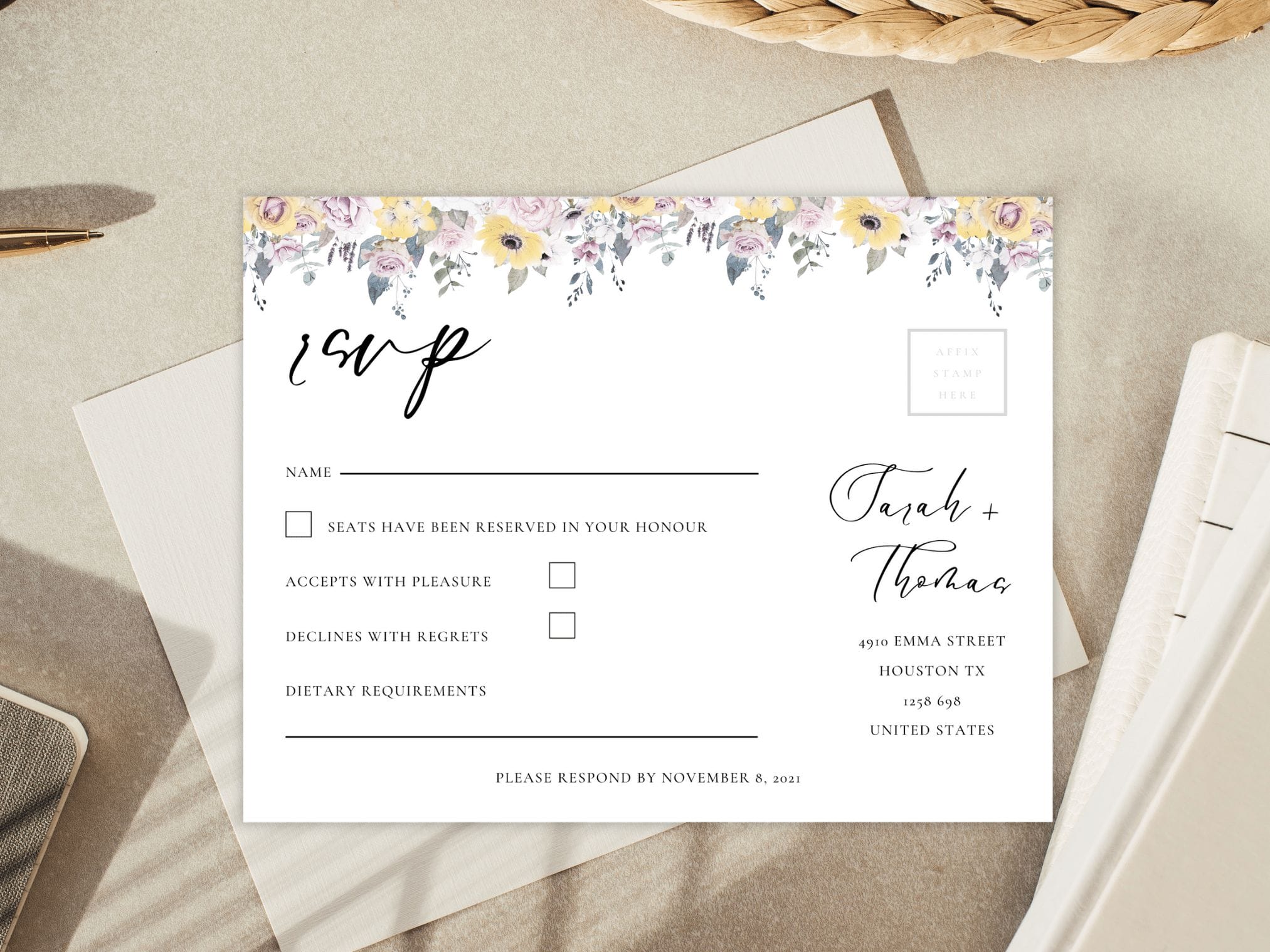 French Mustard Yellow And Lavender RSVP Card - Plan In Love