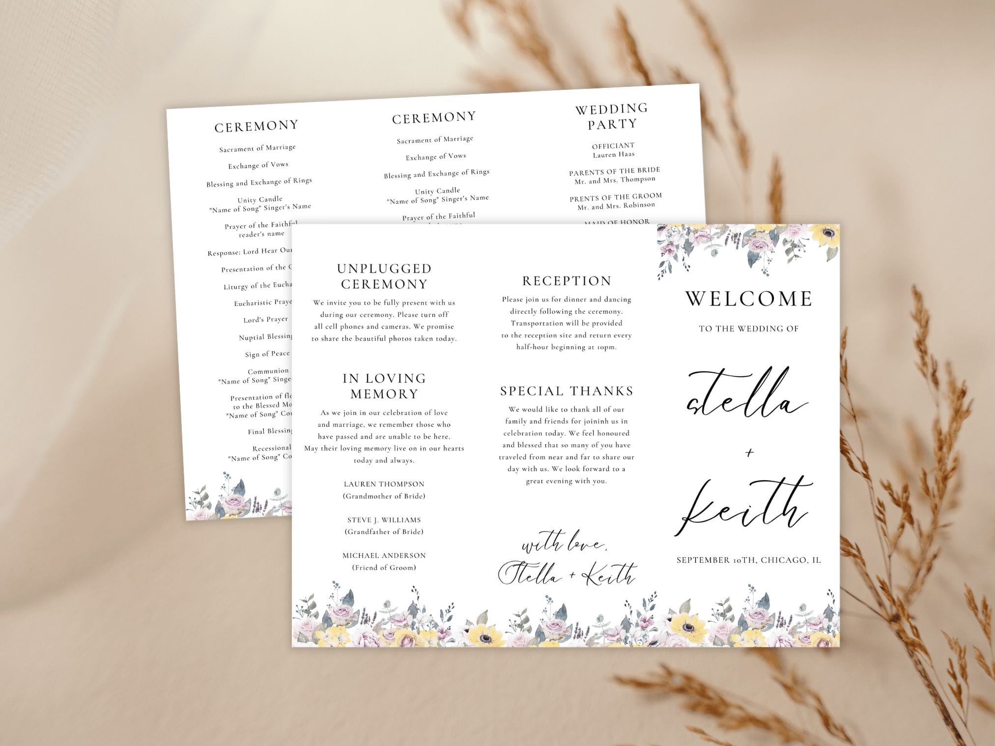 French Mustard Yellow And Lavender Trifold Wedding Program - Plan In Love