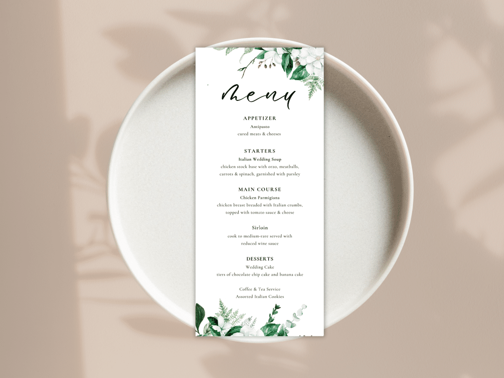 Lush Organic Green and White Wedding Dinner Menu Card - Plan In Love