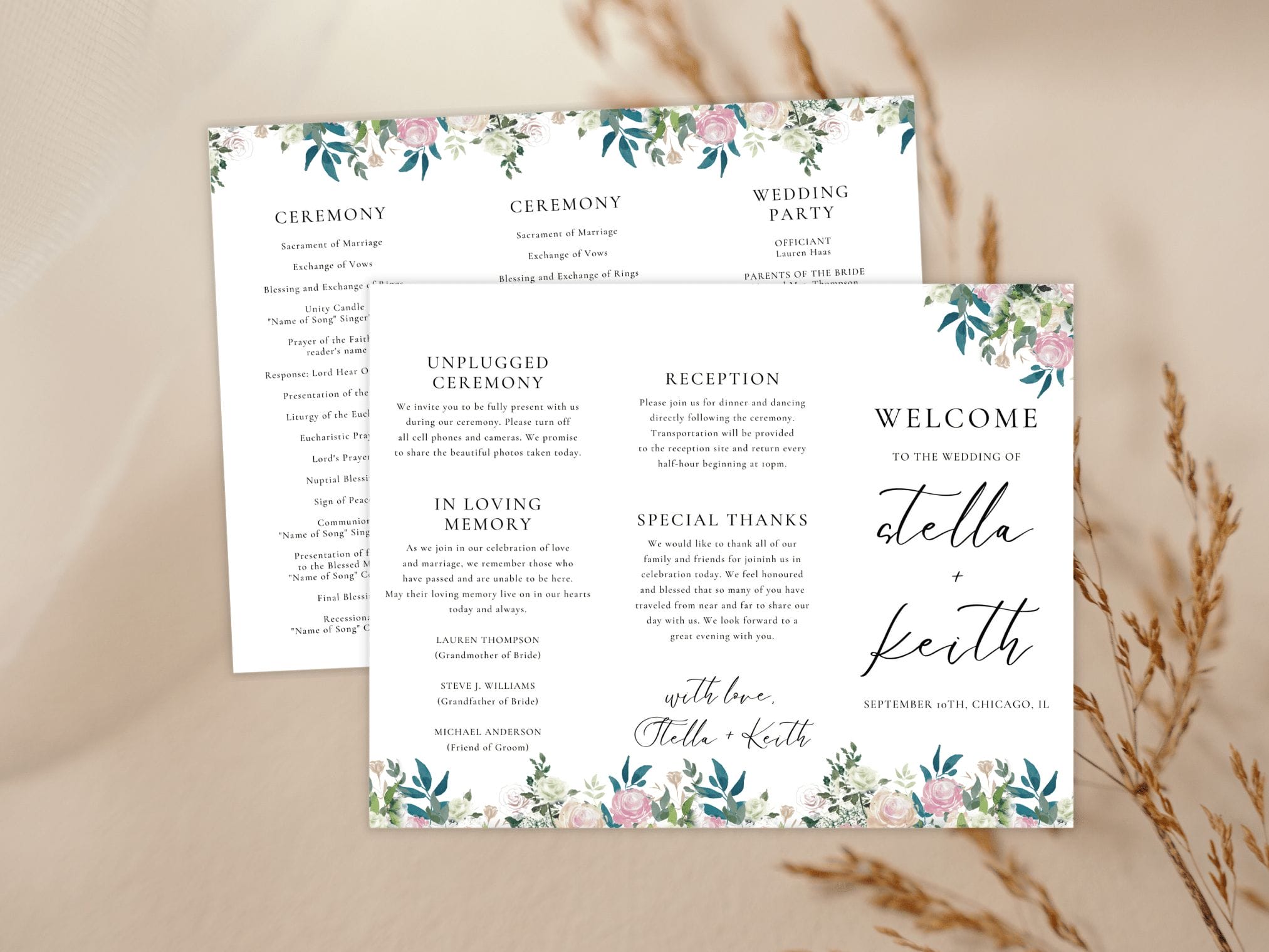 Elegant Navy Blush Pink Wedding Trifold Wedding Program - Plan In Love