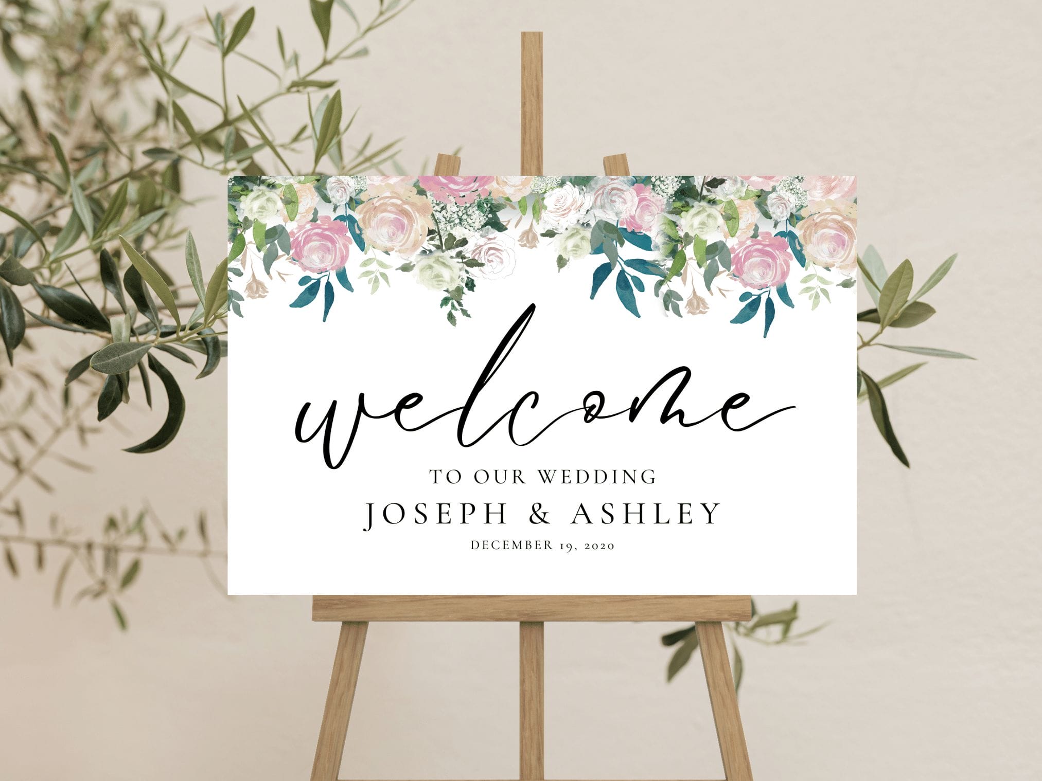Elegant Navy Blush Pink Wedding Welcome Sign (Horizontal) - Plan In Love