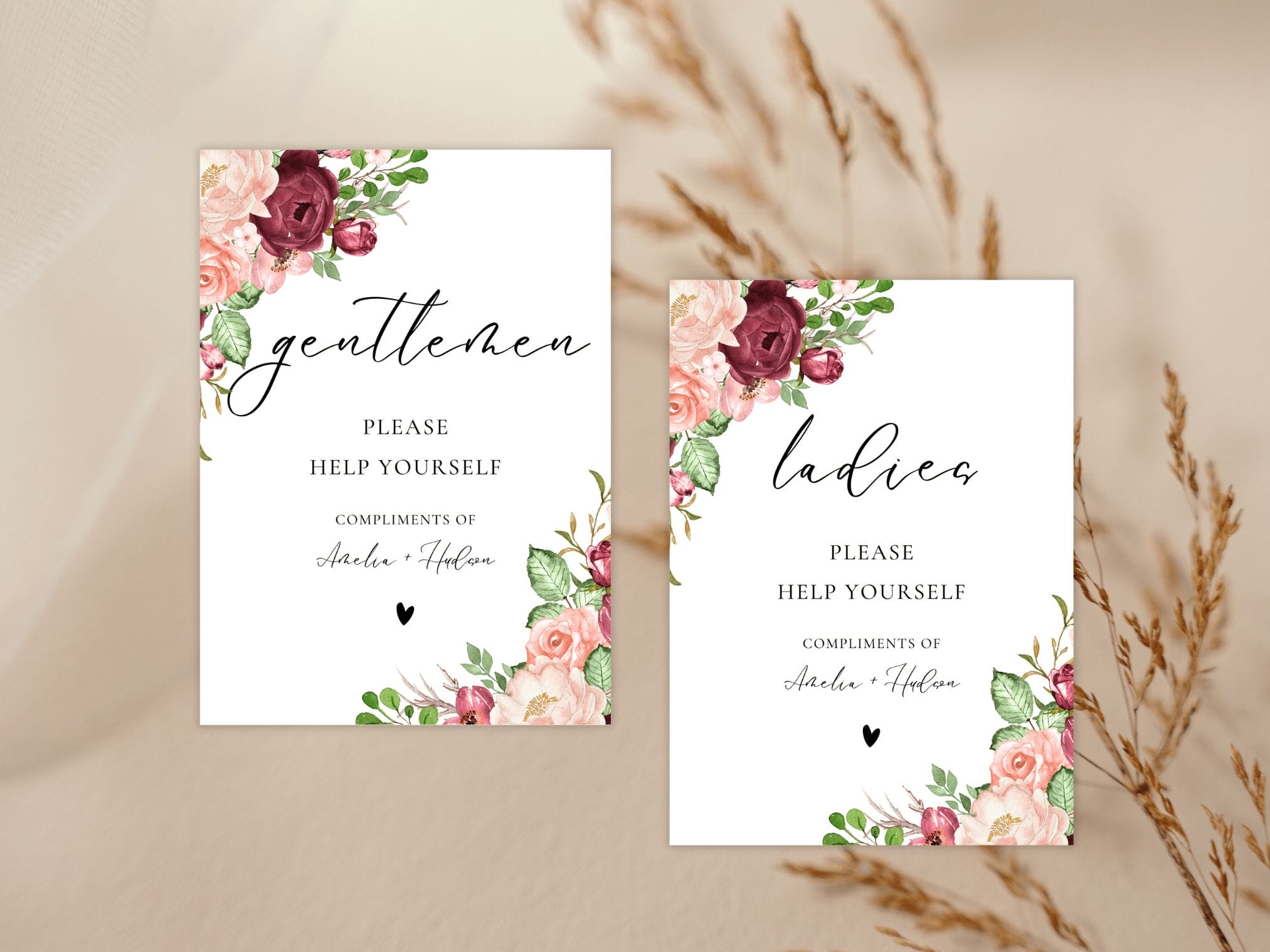 Burgundy Blush Fall Wedding Bathroom Sign Card Stationery - Plan In Love