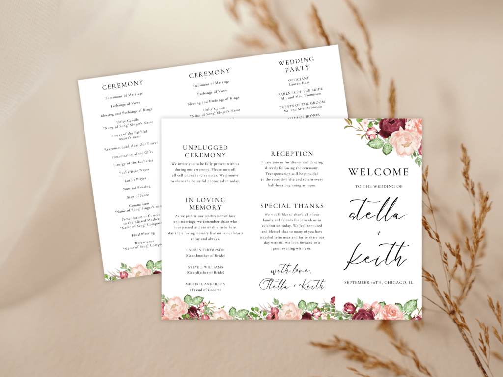 Burgundy Blush Fall Wedding Trifold Wedding Program Card Stationery ...