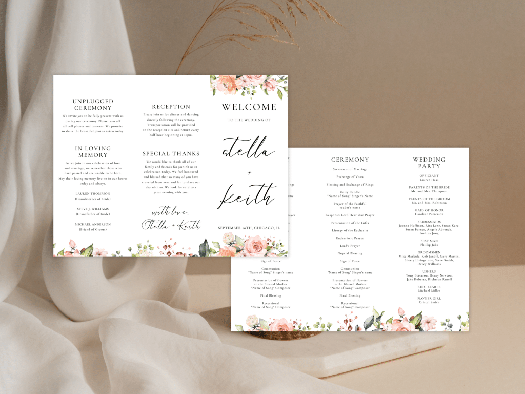 Whimsical Peach Coral Wedding Trifold Wedding Program Card Stationery - Plan In Love
