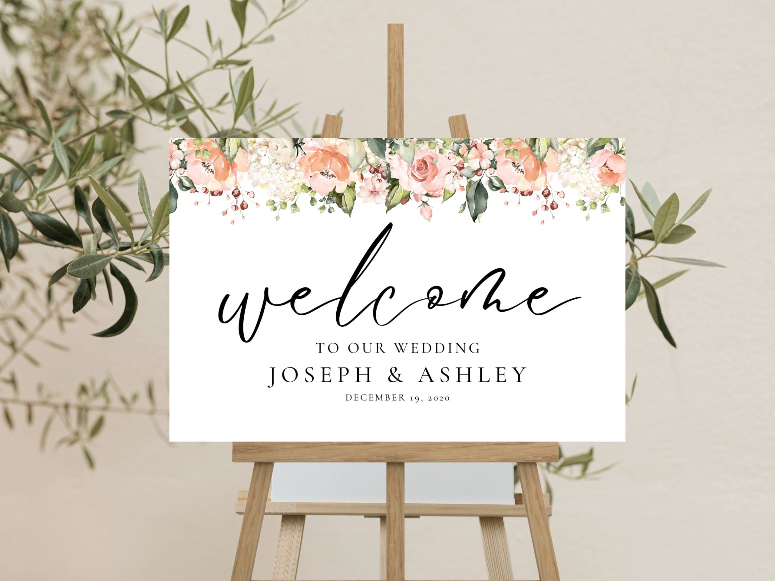 Whimsical Peach Coral Wedding Welcome Sign (Horizontal) - Plan In Love