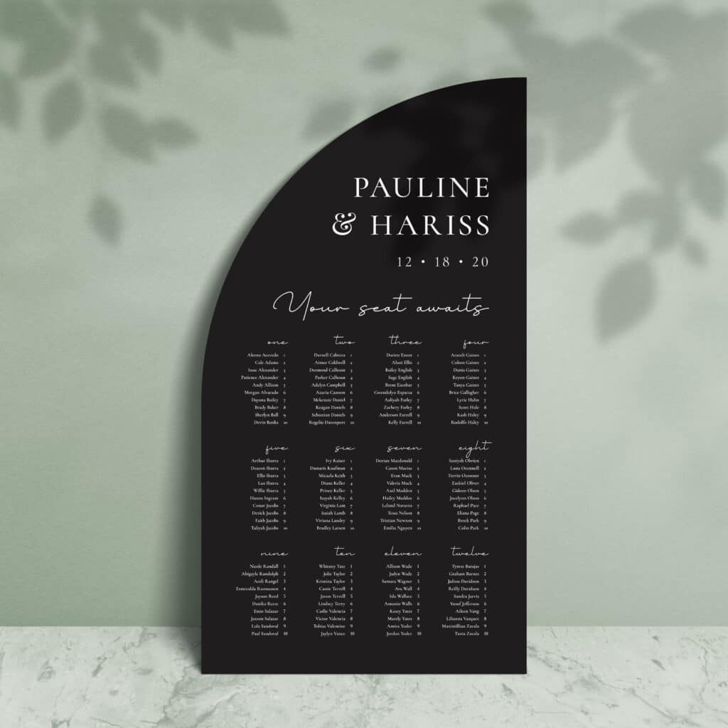 Modern Minimalist Half Arched Black Seating Chart 36x66 - Plan In Love