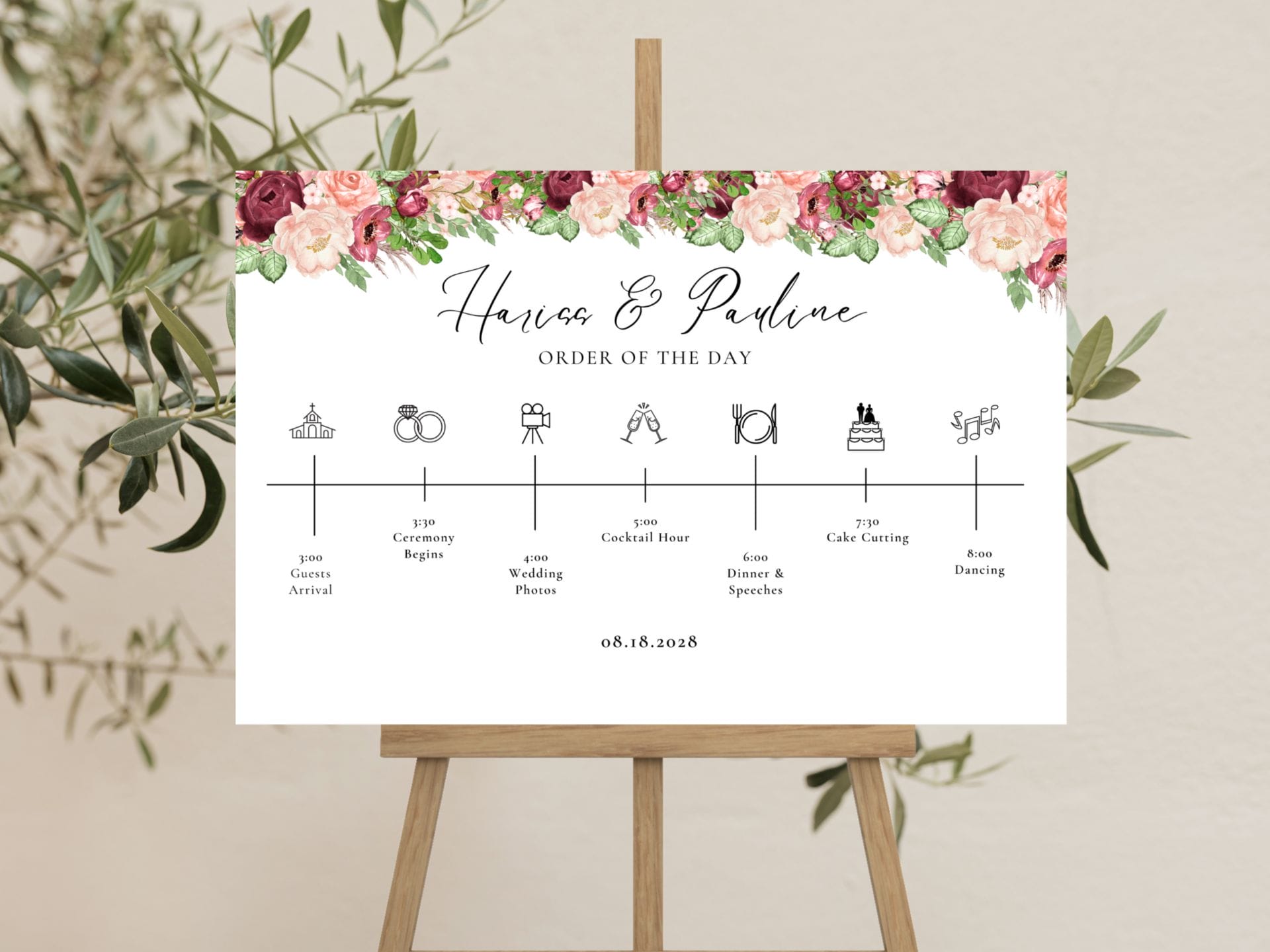 Burgundy Blush Fall Wedding Day Timeline Sign Template - Plan In Love