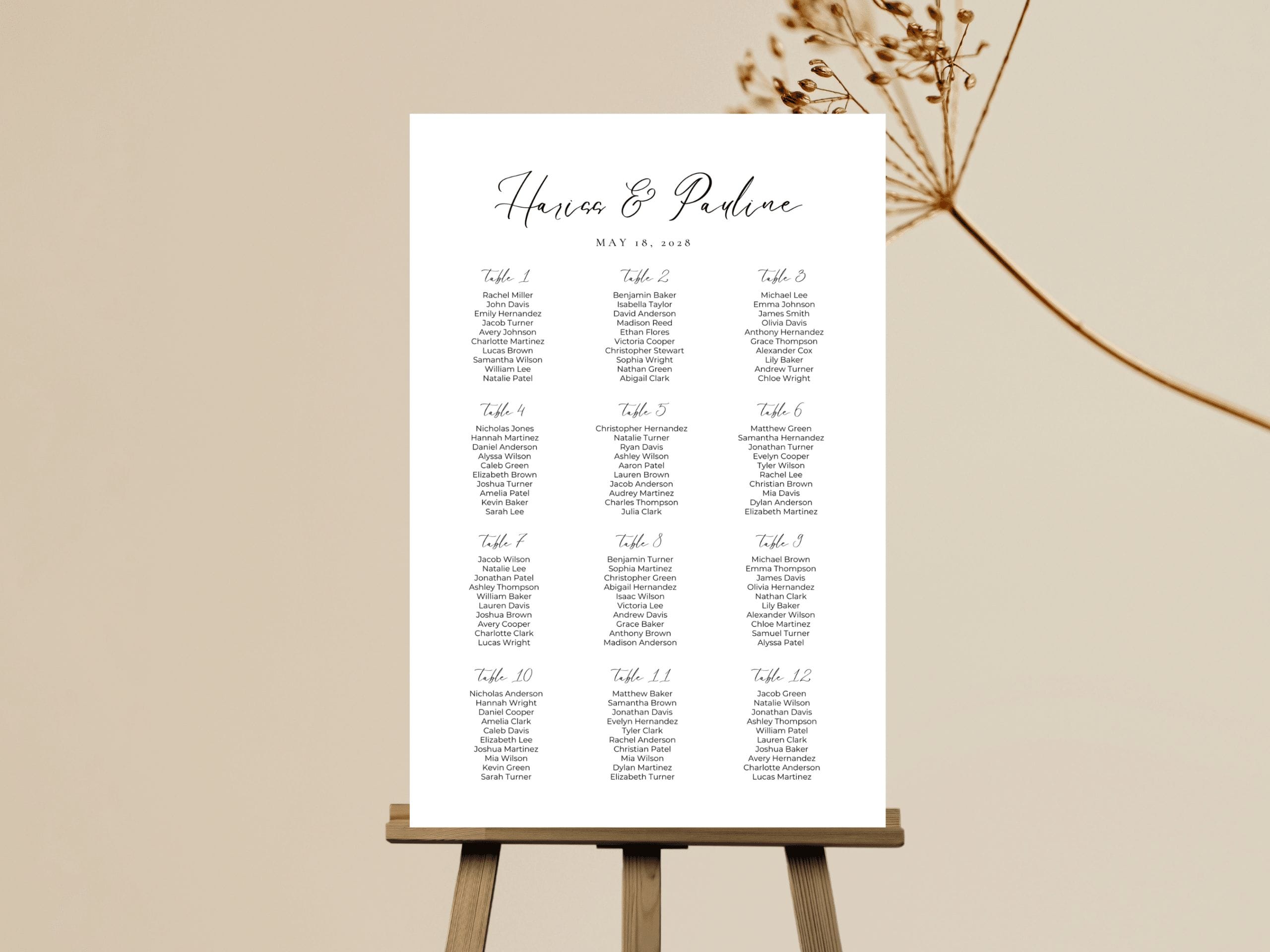 Minimalist Modern White and Black Wedding Vertical Seating Chart - Plan ...