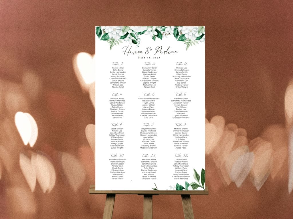 Lush Organic Green and White Wedding Vertical Seating Chart - Plan In Love