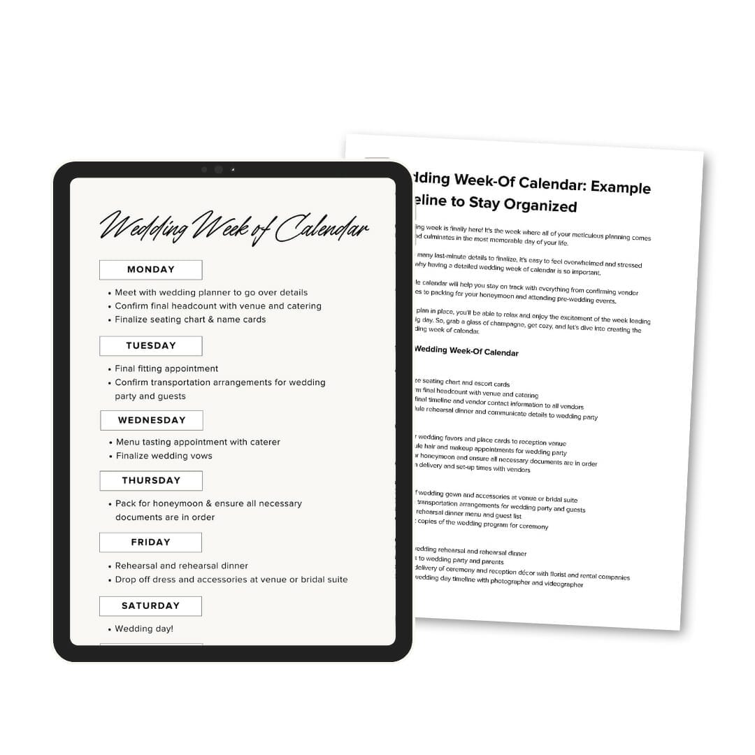 Wedding Week-Of Calendar: Example Timeline to Stay Organized - Plan In Love