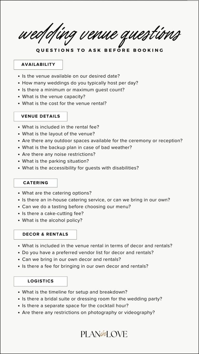 Top Wedding Venue Questions to Ask Before Booking - Plan In Love Top Wedding Venue Questions to Ask Before Booking - Plan In Love