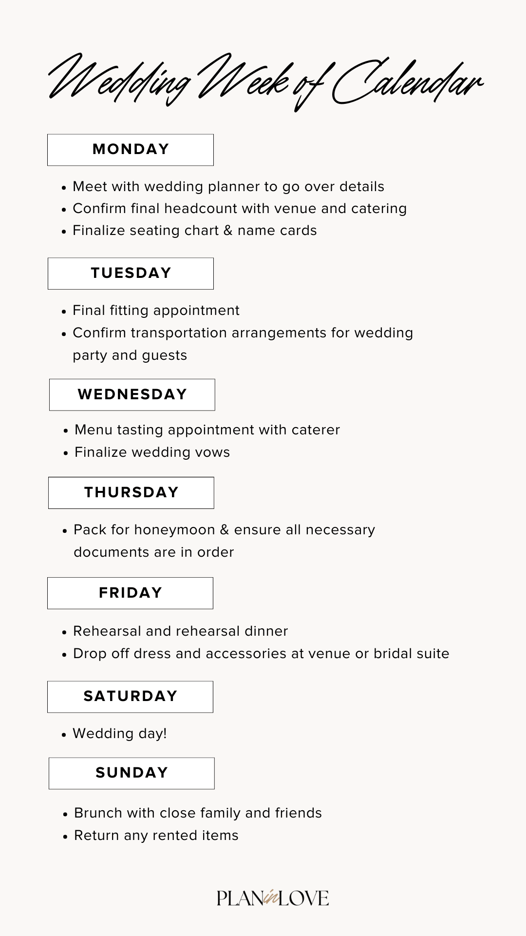 Wedding Week-Of Calendar: Example Timeline to Stay Organized - Plan In Love