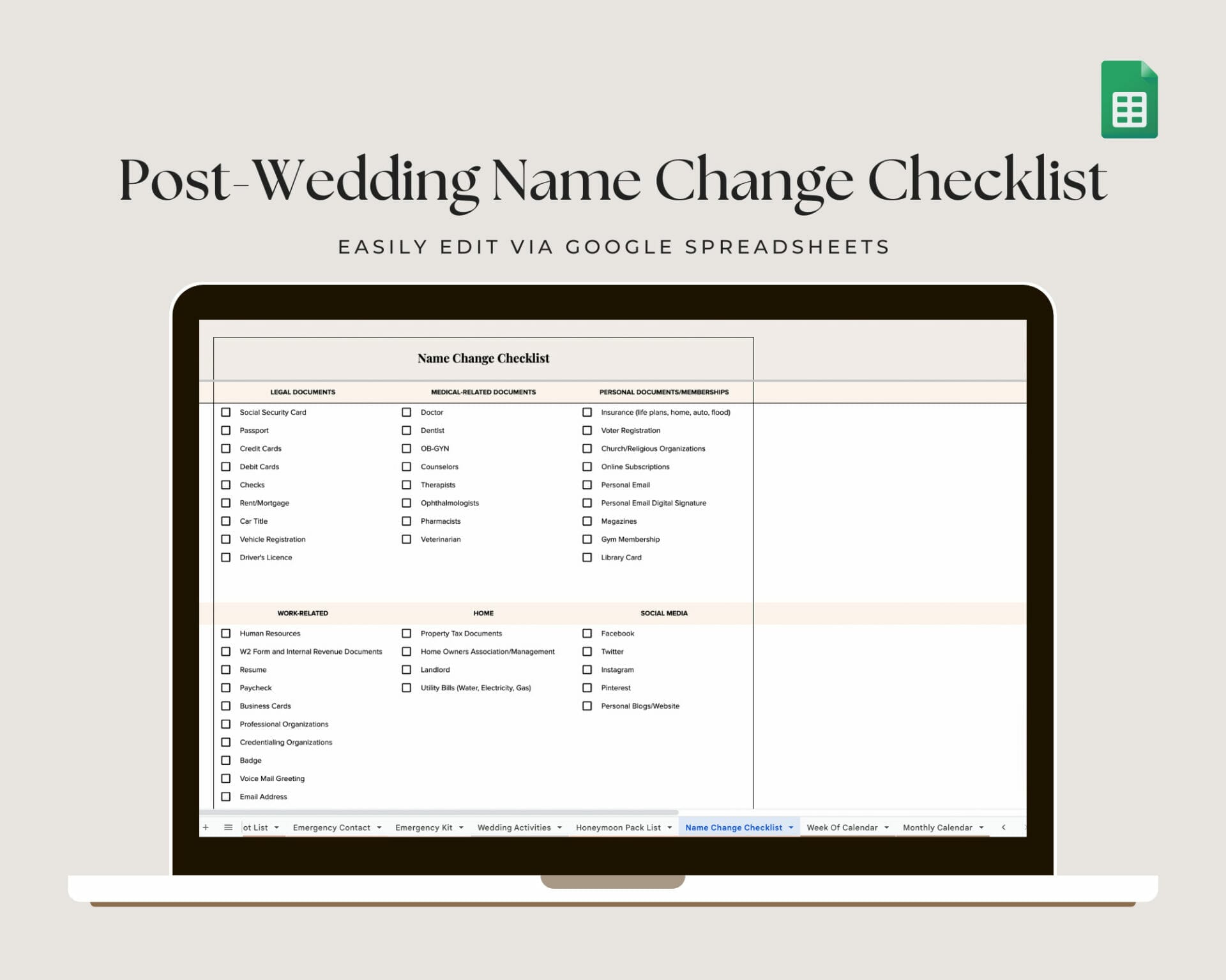 Wedding Name Change Checklist Spreadsheet - Plan In Love