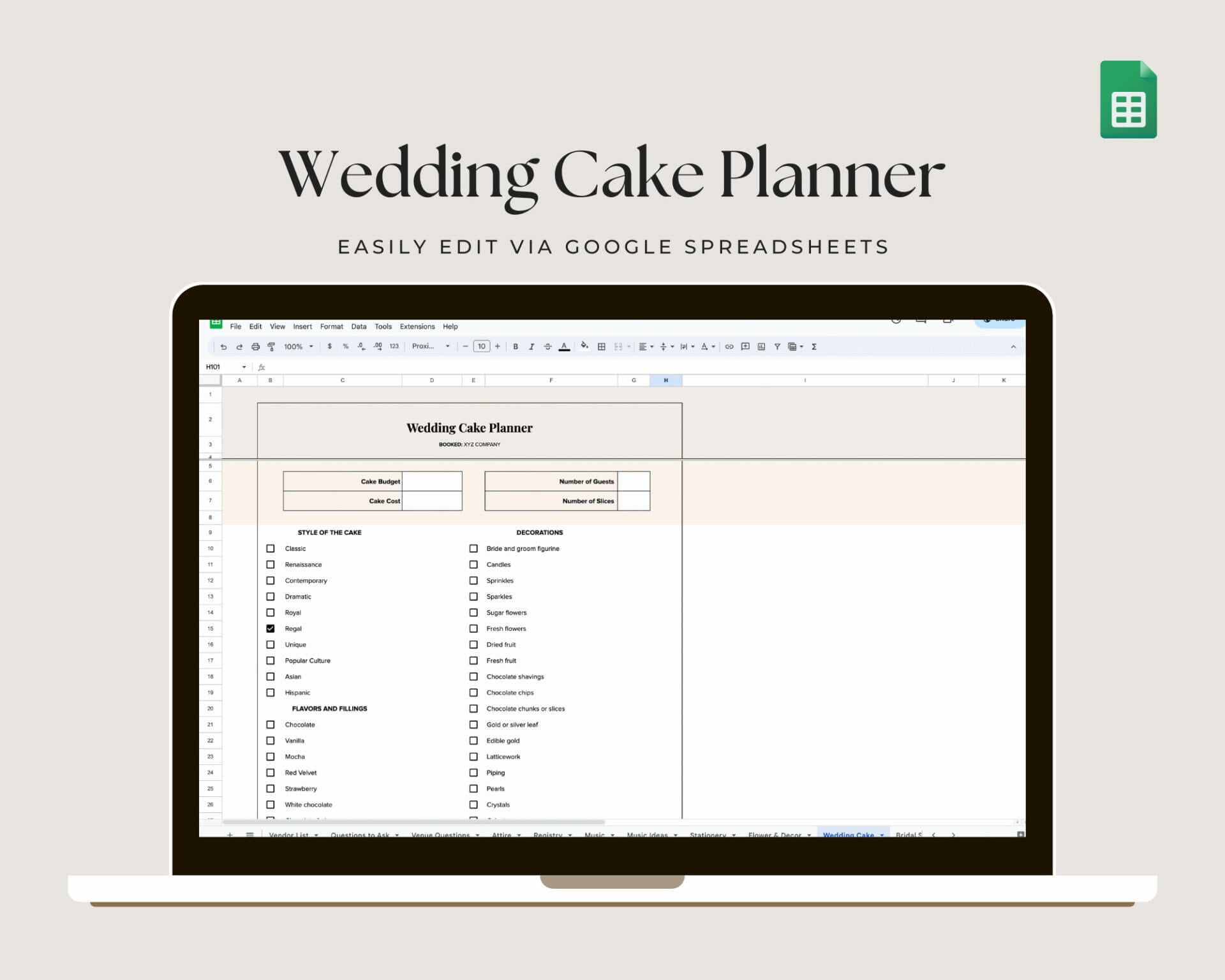 Wedding Cake Checklist Spreadsheet - Plan In Love