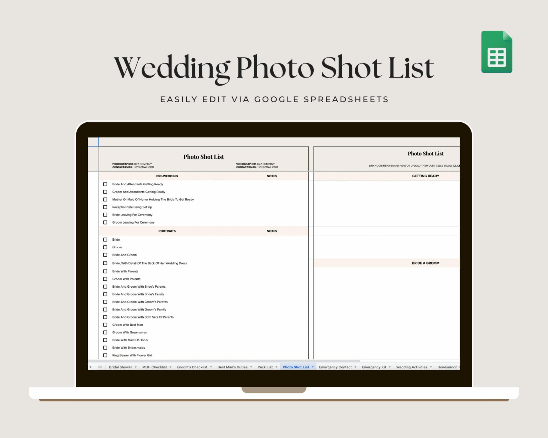 Wedding Photo Shot List Spreadsheet - Plan In Love