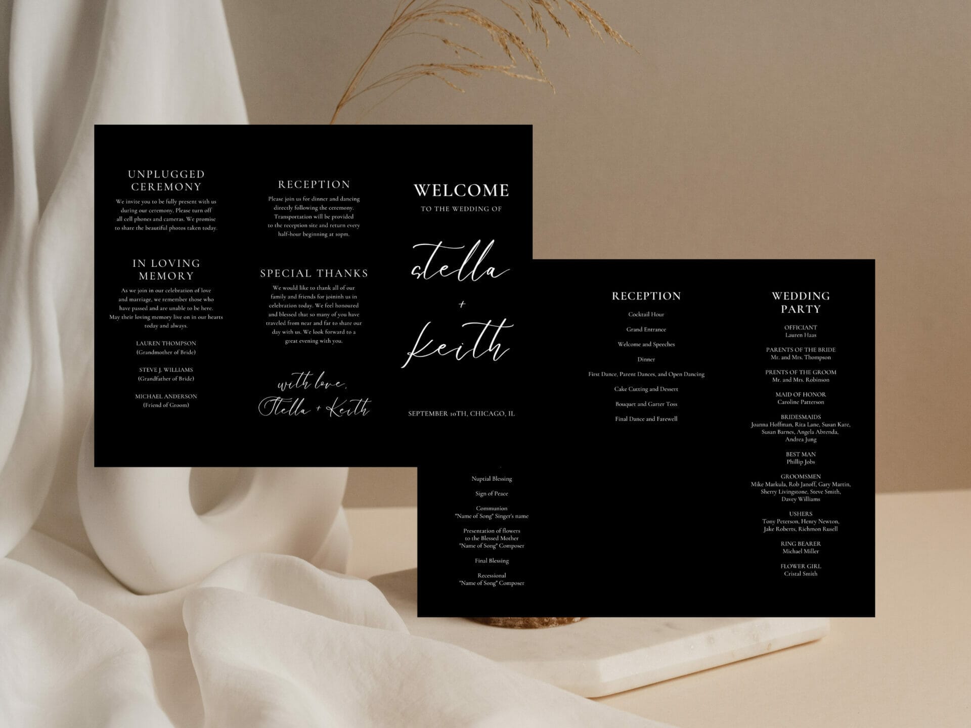 White on Black Wedding Trifold Wedding Program Card Stationery - Plan ...